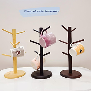 QruiLanTu Coffee Mug Tree,Coffee Mug Holder，Coffee Cup Holder with 6 Hooks,Wood Coffee Mug Holders for Counter,Coffee Bar Accessories and Decor，(Yellow)