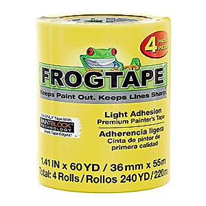 FrogTape Delicate Surface Painter's Tape With PaintBlock, 1.41 Inch x 60 Yards, 4-Pack, Yellow (240662)