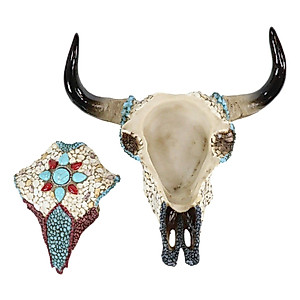 Ebros Gift Western Southwest Steer Bison Buffalo Bull Cow Skull With Mosaic Turquoise and Red Aztec Sun Teardrop Gems Decorative Jewelry Trinket Box Figurine Accent Macabre Ossuary Accent