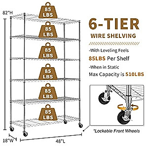 YYkokocat Wire Shelving Unit 2100LB Capacity Metal Shelves 82" H× 48L×18W 6 Tier Adjustable Storage Shelf w/Wheels Heavy Duty Shelves NSF Wire Rack Shelving for Kitchen Office Garage, Chrome…