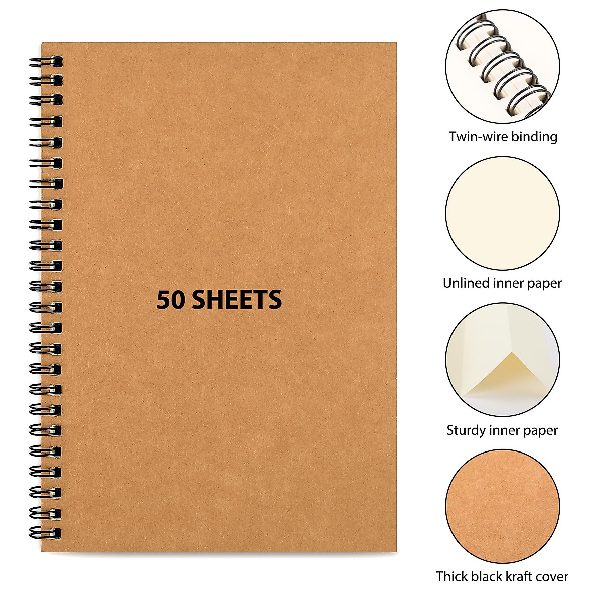 LABUK 7 Pack Blank Spiral Notebook, A5 Unlined Spiral Notebook, 100 Pages Journal Sketch Books 8.3"x 5.5" Soft Cover Kraft Diary Planner, 50 Sheets for School Travel Office (Brown)