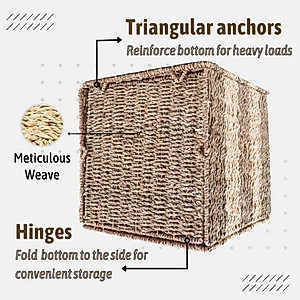 Foldable Hand-woven Wicker Cube Storage Bins, Collapsible Wicker Storage Cubes, Natural Palm Fiber & Seagrass Storage Baskets, Chi An Home Cubes Organizer with Handles, 4 Pack - 11.8" x 11.8" x 11.8"