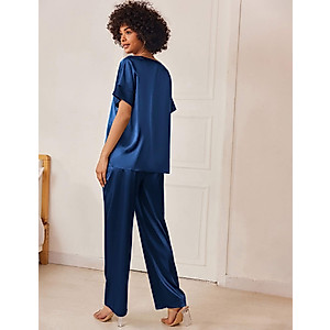 Ekouaer Satin Pajama Set Womens Silk Short Sleeve V Neck Shirt with Long Pant Soft Loungewear Pjs Set Navy Blue
