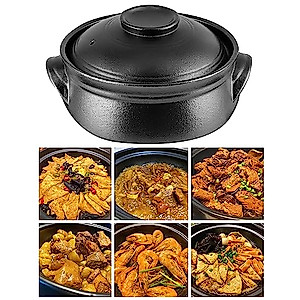 Korean Premium Stoneware Black Casserole Clay Pot with Lid,For Cooking Hot Pot Dolsot Bibimbap and Soup .(1100ml)