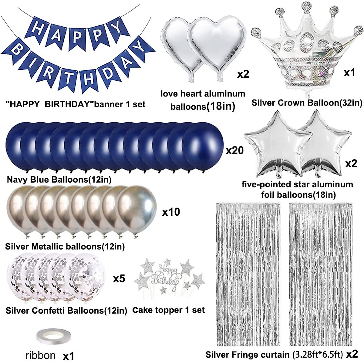 Navy Blue Silver Happy Birthday Party Decorations Set for Men Boys Women Girls, Banner, Crown Balloon, Fringe Curtains, Cake Topper for 13th 16th 18th 21st 25th 30th 40th 50th 60th 70th Party Supplies
