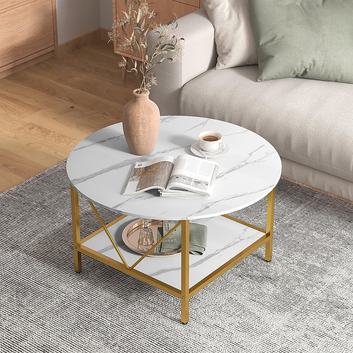 Yusong Round Coffee Table for Living Room, Farmhouse Circle Coffee Table with Storage Shelf, 2-Tier Modern Center Table with White Faux Wooden Tabletop, Gold Metal Frame