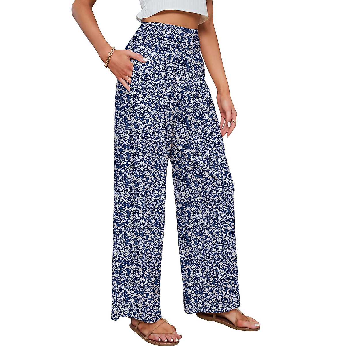 JASPAL Women Casual High Waisted Palazzo Pants Wide Leg Long Lounge Trendy Trousers with Pocket-XL-Blue White Flower
