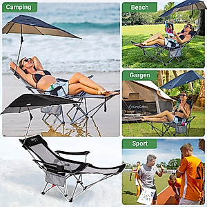 #WEJOY 2-in-1 Reclining Camping Chair with Removable Umbrella Lightweight Folding Camping Chair with Adjustable Backrest & Footrest Portable Patio Lounge Chair with Headrest, Cup Holder for Outdoor