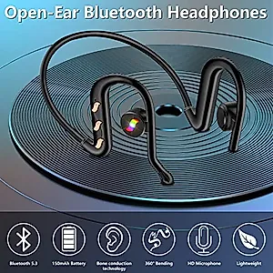 Bone Conduction Bluetooth Headphones, Wireless Open-Ear Headphones with Microphone Colorful Lights, Sports Headset Lightweight Sweatproof Noise-Canceling Earphones for Outdoor, Running, Driving-Black