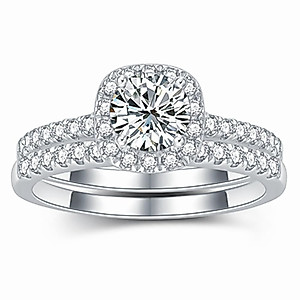 Halo Wedding Ring Set for Women Bridal Sets Wedding Rings Platinum Plated Silver, 1-1/2 Carat (ctw) Moissanite Engagement Ring Set White Gold Anniversary Promise Rings(size 6)