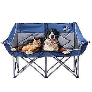 DEERFAMY Foldable Camping Loveseat with Cooler Bag and Cup& Wine Glass Holder,Portable Double Camping Chair for Adults with Padded Seats & Armrests, Heavy Duty Outdoor Loveseat Supports up to 530lbs
