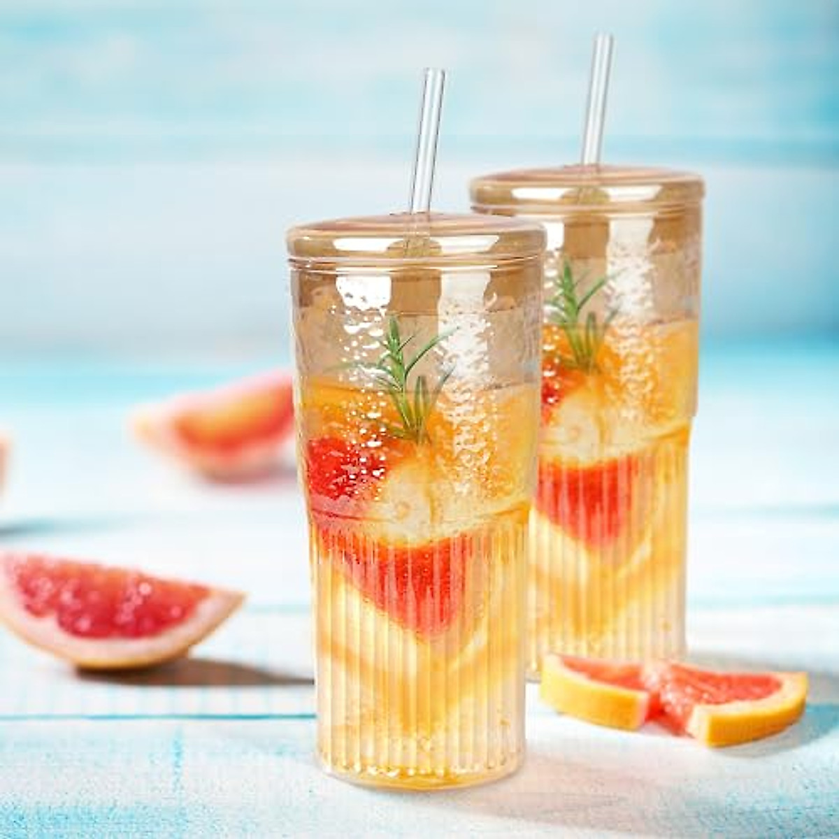 Joeyan 22 oz Amber Glass Tumbler with Straw and Lid for Iced Tea Coffee Smoothie Water Juice Beverages Soda,Ribbed Glasses Cups,Borosilicate Drinking Jar,Set of 2,Dishwasher Safe