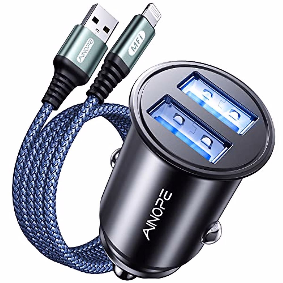 AINOPE iPhone Car Charger [Apple MFi Certified] 24W USB Car Charger Adapter Fast Charging Cigarette Lighter USB Charger with Lightning Cable for Apple iPhone 13/12 Mini/11/Xs/XR/X/8 Plus/7/6s/5/iPad