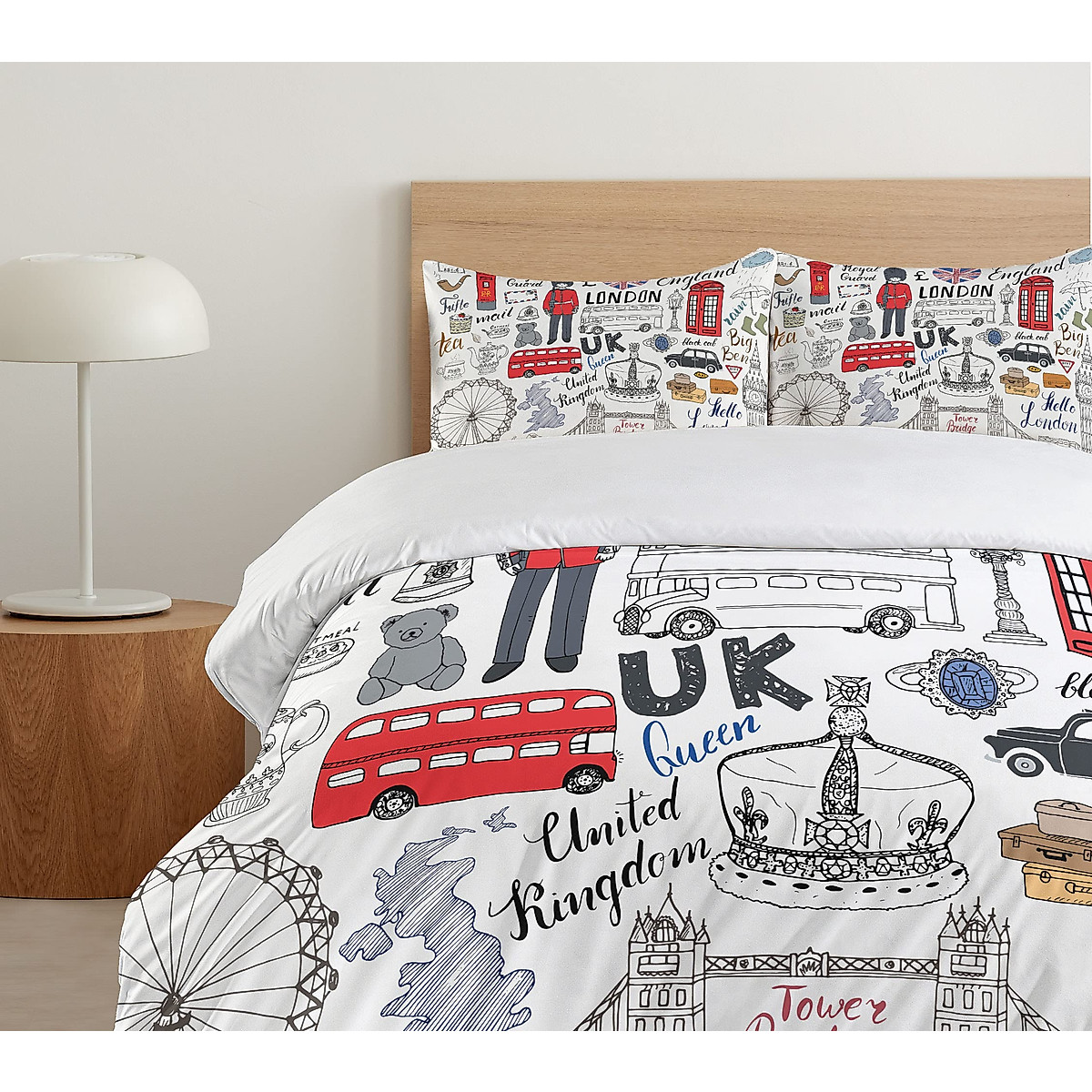 Ambesonne Hipster Duvet Cover Set, I Love London Double Decker Bus Telephone Booth Cab Crown of United Kingdom Big Ben, Decorative 2 Piece Bedding Set with 1 Pillow Sham, Twin Size, White Red