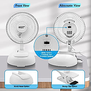 Comfort Zone CZ6XMWT 6” 2-Speed Combo Clip or Desk Fan with Removable Base, Strong Clamp for Firm Grip, Suitable for Bedroom, Office, or Dorm Room, White