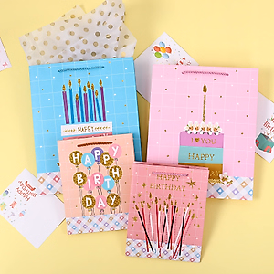 GonLei Birthday Gift Bag Assorted Sizes Happy Birthday Gift Bags for Kids Birthday Wrapping Paper Bags with Tissue Paper Card Handles for Girls Boys（4Bags 2Size: Medium 9” Large 12.6”）