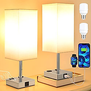 Fully Dimmable Nightstand Lamps Set of 2& 3-Way Touch Dimmable Bedside Lamps,Table Lamps with USB C+A and Dual AC Outlets for Bedroom Living Room Guestroom(LED Bulb Included)