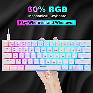 60% Mechanical Keyboard Gaming RGB Backlit with app Compact 61 Key Portable Mini Keyboard Blue MX Switch Compatible with Windows iMac Laptop PC Computer Office Gamer(White)