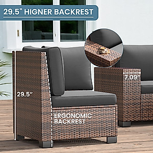 Amopatio Outdoor Sectional Furniture Set 6-Piece Brown Rattan Wicker Conversation Sofa Set with Glass Top Table and Waterproof Covers,Grey Cushions