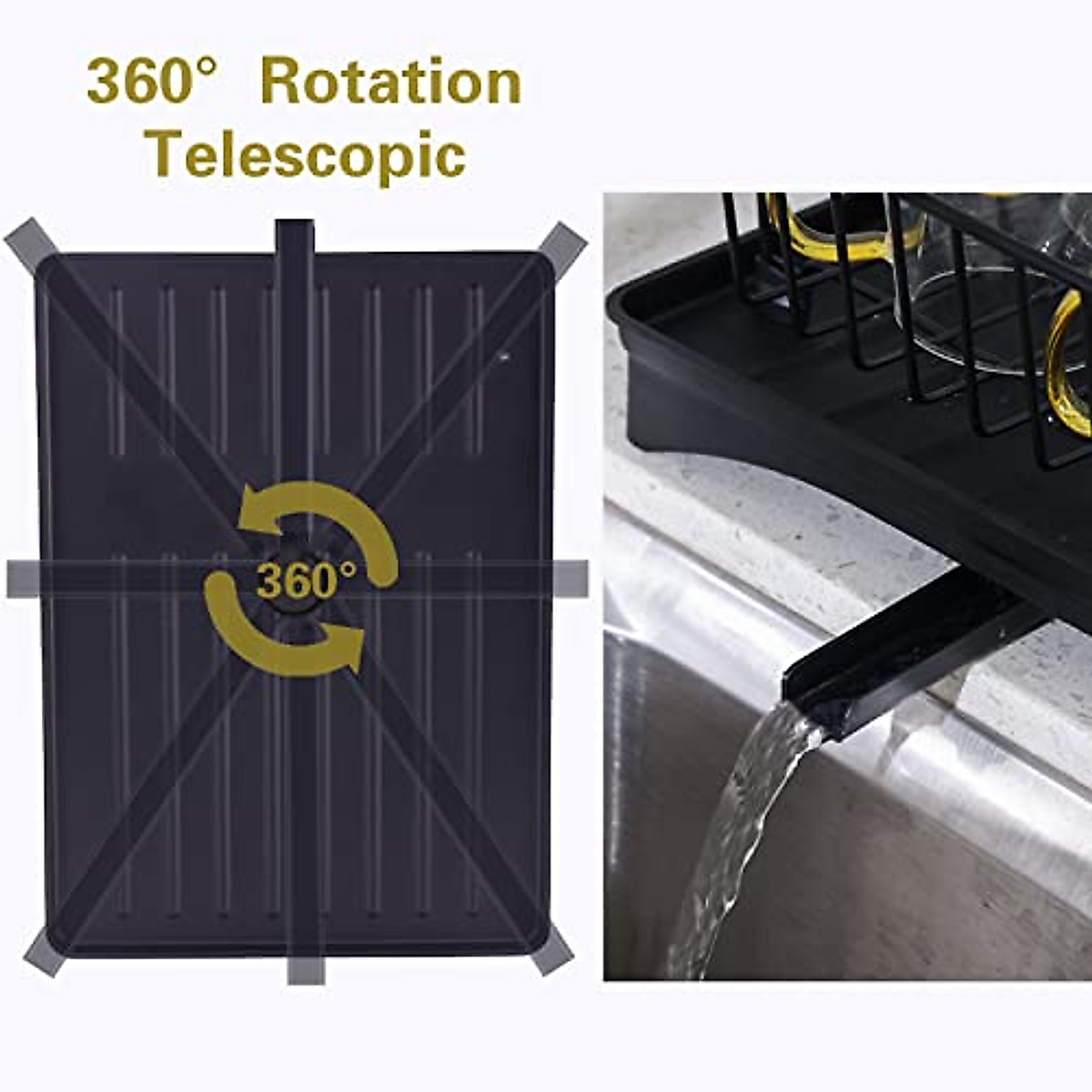 Demeliy Dish Drying Rack, Dish Rack with Drainboard & Utensil Holder, 360°Automatic Water Oulet Dish Racks Drainers for Kitchen Organization, Kitchen Counter, Durable Drying Rack for Dishes, Knives