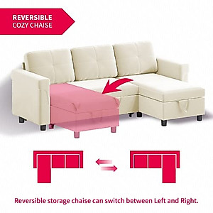 MUZZ Reversible Pull Out Sofa Couch, Sectional Sofa with Storage Chaise 3-Seat L-Shaped Sleeper Sofa, Ideal for Living Room, Apartment and Office etc. (Beige)