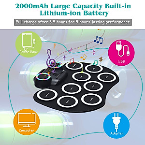 Costzon 9 Pads Electronic Drum Set with LED Light, Portable Roll up MIDI Drum Practice Pad w/Bluetooth, 7 Tones & Rhythms, 10 Demos, Foot Pedals, 2 Built-in Speakers, for Beginners Kids (Black)