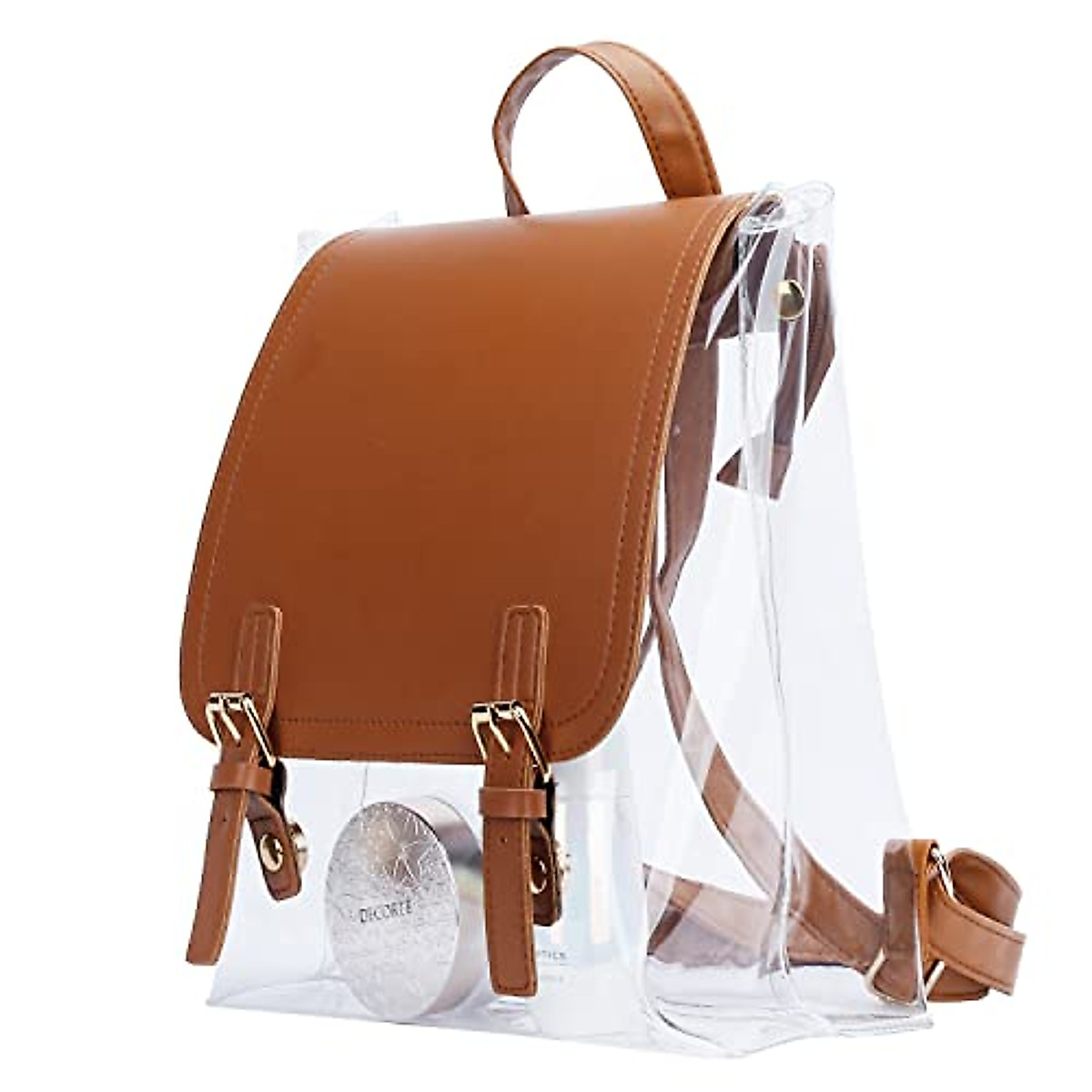 KKXIU Fashion Clear Backpack Stadium Approved Bag School Transparent See Through Bookbag Purse for Women and Teen Girls (Brown)