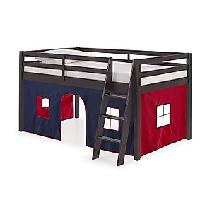 Roxy Pine Twin Junior Loft Bed, Espresso with Blue & Red Tent, Solid Wood Frame, Safety Guardrails, Flexible Ladder Position, Ventilated Playhouse Underneath, Fits Twin Mattress