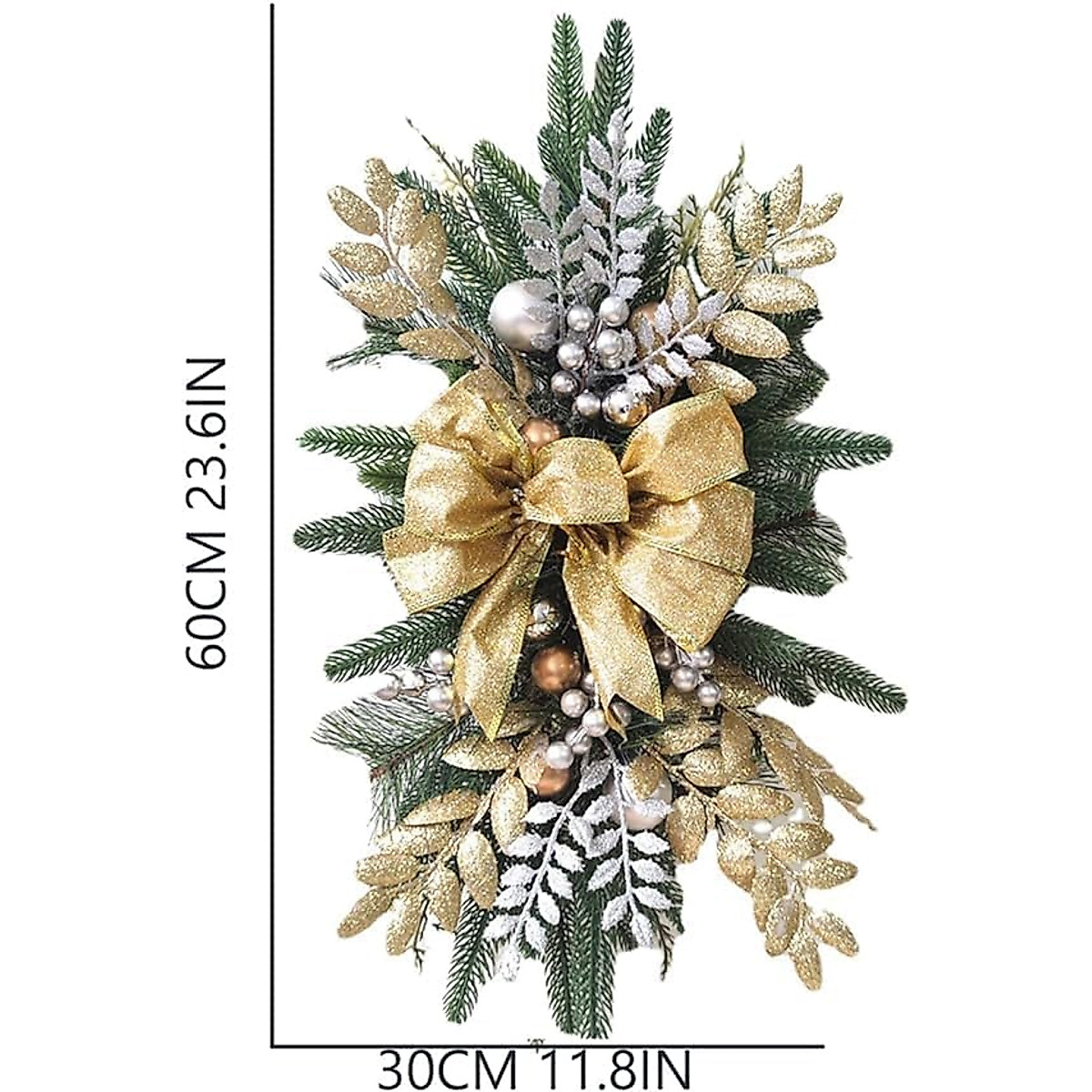 1pcs Cordless Prelit Stairway Swag Trim,Christmas Swag Wreaths for Front Door Holiday Wall Window Hanging Ornaments for Indoor Outdoor Home Xmas Decor (Gold)