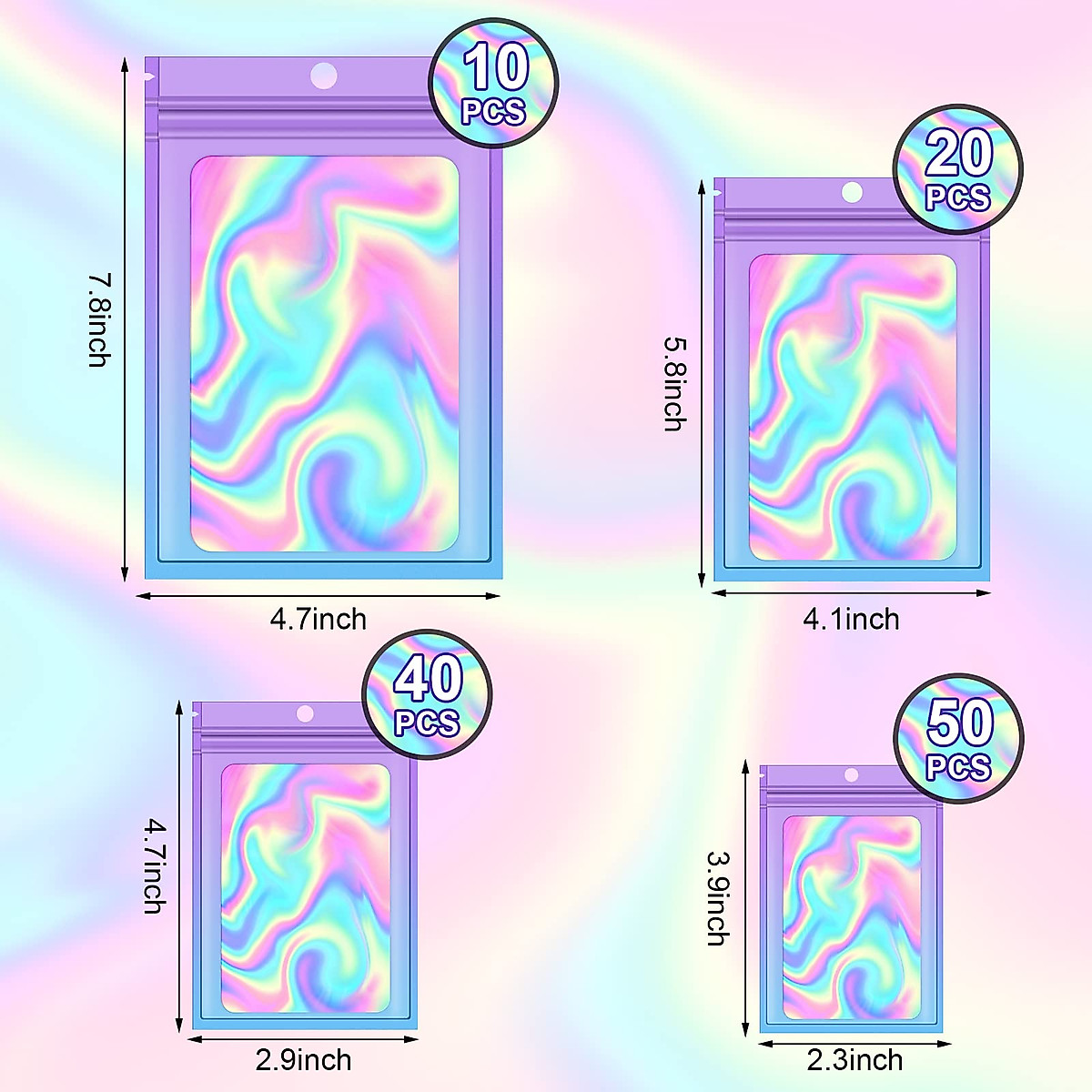 120 PCS Smell Proof Mylar Bags Resealable Odor Proof Bags Holographic Packaging Pouch Bag with Clear Window for Food Storage Jewelry Candy Electronics Storage, 4 Sizes