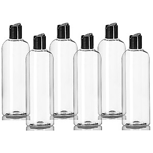 ljdeals 16 oz Clear Plastic Empty Bottles with Black Disc Top Caps, Squeezable Refillable Containers for Shampoo, Lotions, Cream and more Pack of 6, BPA Free, Made in USA