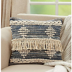 SARO LIFESTYLE Chindi Fringe Throw Pillow Cover, Blue, 18"