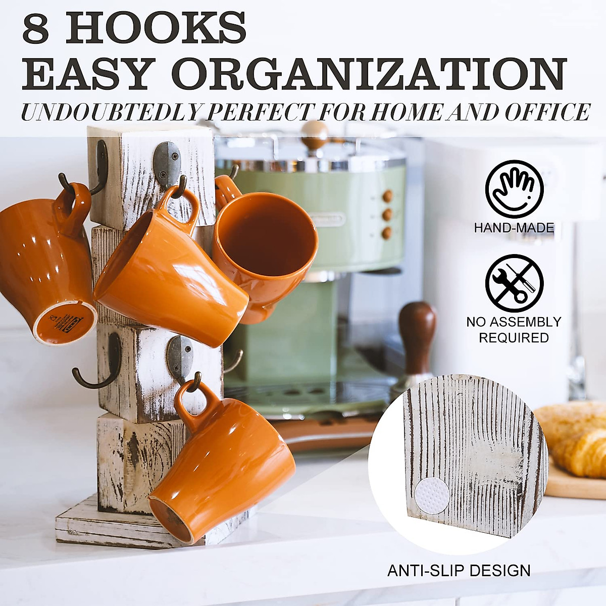 LIERONE 8 Hooks Coffee Mug Holder for Counter Rustic Solid Wood Mug Tree Farmhouse Wooden Coffee Cup Rack Distressed Mug Stand (White)