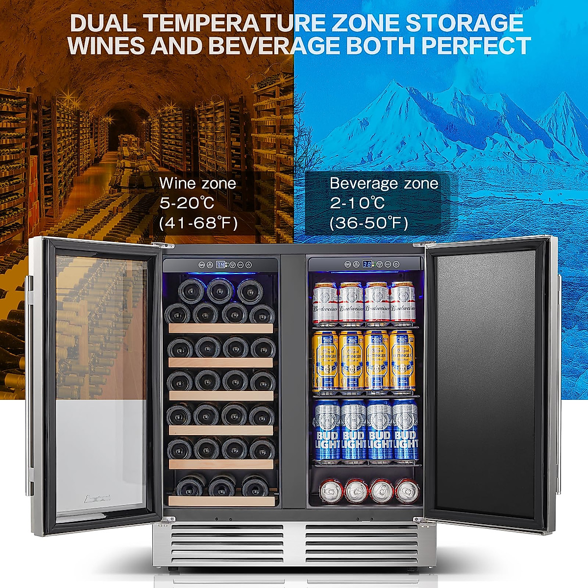 BODEGACOOLER 30 Inch Wine and Beverage Refrigerator,Dual Zone Wine Beverage Cooler with French Door,Under Counter Freestanding Wine Beer Fridge,Hold 31 Bottles and 100 Cans with Safety Locks