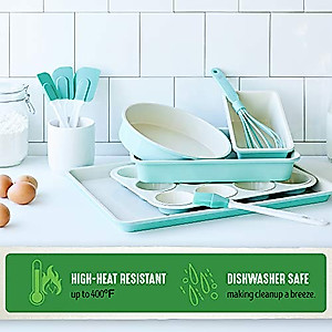 GreenLife Cooking Tools and Utensils, 5 Piece Nylon and Silicone Baking Set with Spatulas Wisk and Brush, Dishwasher Safe, Turquoise