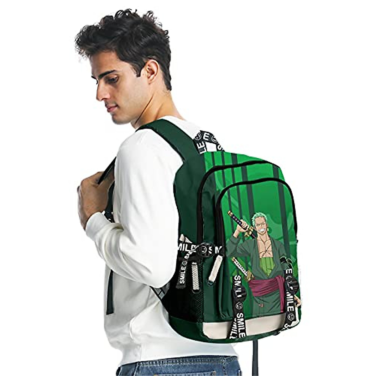 AMOMA Unisex Anime One Piece Daypacks Cosplay Luffy 3D Printed Lightweight Casual Multipurpose Canvas Backpack(One Size,Z-Green)