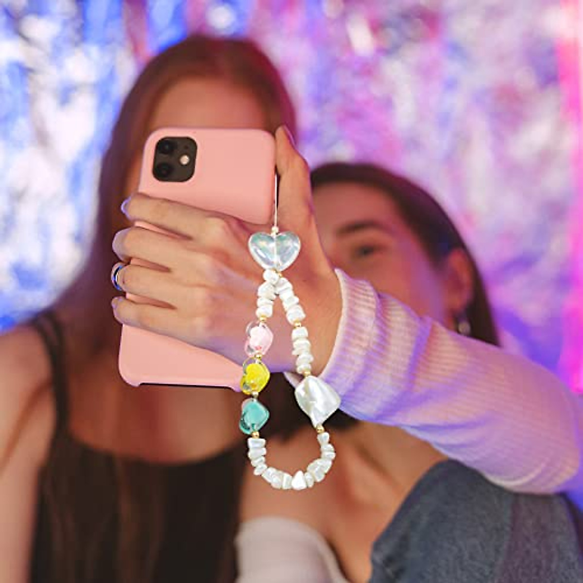 Mobile Phone Lanyard Pearl Beaded Phone Chain Transparent Heart Decor Phone Charm Universal Phone Lanyard Wrist Strap Anti Lost Phone Charm Strap Keychain Wallet Decoration Pendant for Women Girls