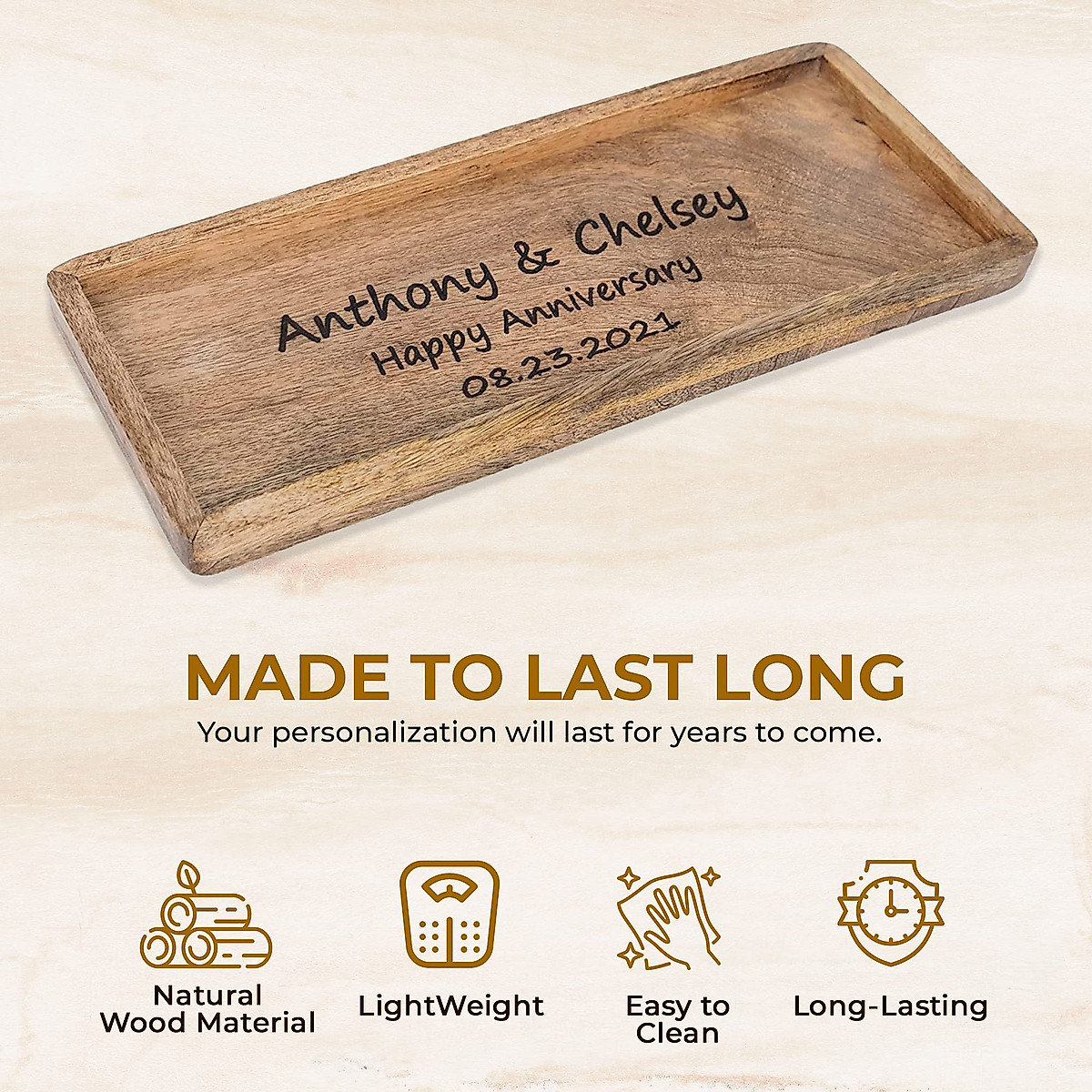 Personalized Wooden Serving Platters - Custom Wood Serving Tray with Raised Edges - Decorative Rectangular Wooden Trays for Food, Fruits, Snacks, Appetizers, and Home Parties - 12" X 5" X 0.75"