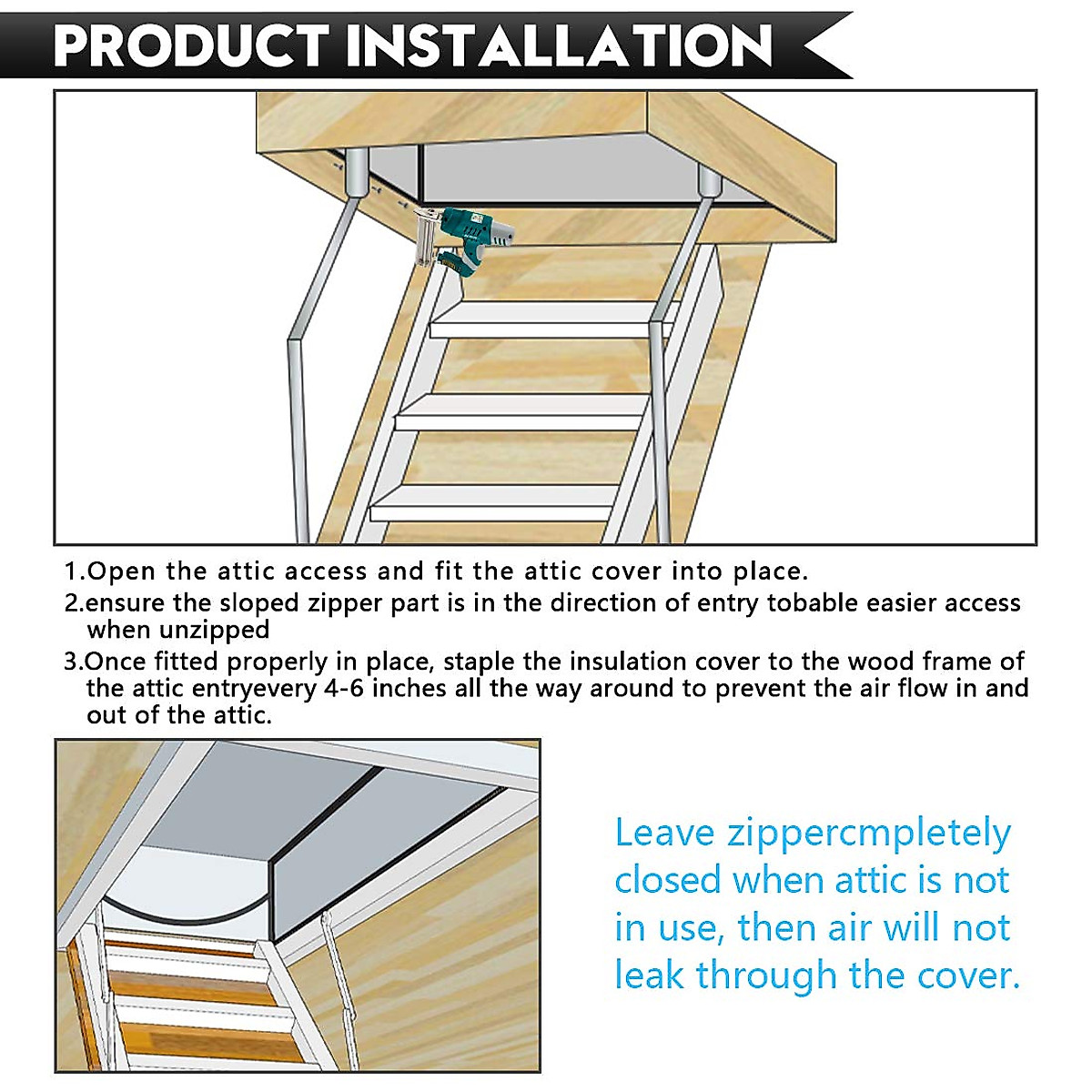 Attic Stairway Insulation Cover Energy Saving R-15.5 Class A Fireproof Attic Stairs Door Ladder Insulator Easy Installation Pull Down Tent with Zipper 25'' x 54''x 11''