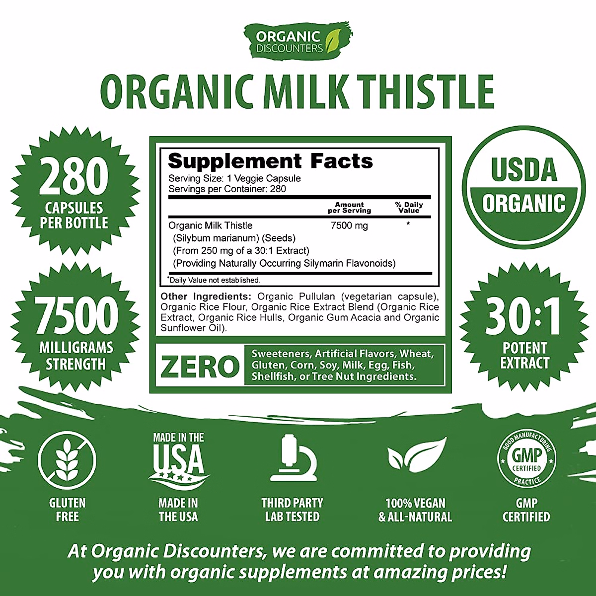Organic Discounters Milk Thistle Capsules, 280 Count, 7500 mg Strength, Potent 30:1 Extract, USDA Certified Organic, Rich in Silymarin Flavonoids, Vegan, Non-GMO and All-Natural