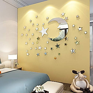 Moon and Stars Wall Stickers - 30cm Largest Moon with 66 Pieces Different Size Stars - for Baby Kid Room Decoration - Fairy Atmosphere Creation Perfect Birthday Holiday Christmas Gift