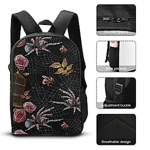 MoBlinko Retro Spider Roses 17 Inch Laptop Backpack Halloween Gothic Cage Adult Shoulder Travel Daypack Bookbag for College Travel Work And Hiking