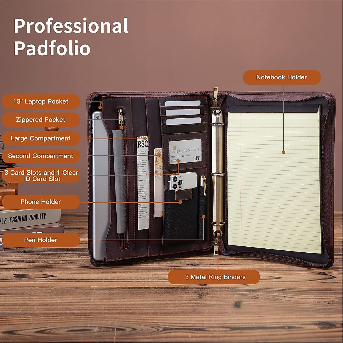 Geslun Genuine Leather Portfolio with 3 Ring Binder, Full Grain Leather Padfolio Zippered, A4 Notebook Holder Laptop Sleeve Professional Folder Organizer Gift for Men and Women, Dark Brown