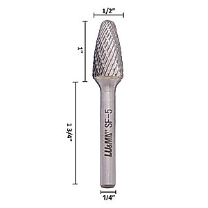 SF-5 Tungsten Carbide Burr Tree Shape Radius End Double Cut Rotary Burr File (1/2” Cutter Dia X 1”Cutter Length) with 1/4'' Shank, by LU&MN