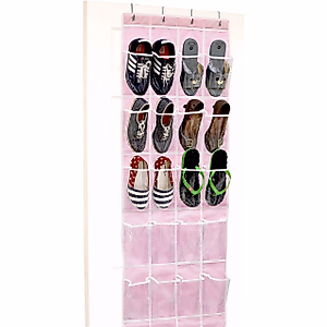 Simple Houseware 24 Pockets - Crystal Clear Over The Door Hanging Shoe Organizer, Pink