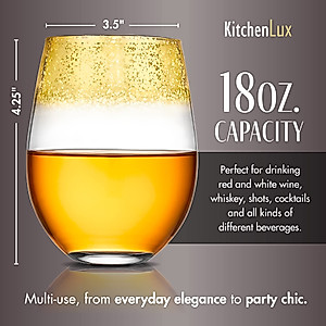 Kitchen Lux 18 oz Gold Rimmed Wine Glass - Unique Stemless Wine Glasses Set of 4 - Accented Rim - Large Gold Drinking Glass Cocktail Tumblers - Deluxe Glassware Gift Box for Christmas, Dishwasher Safe