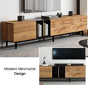 Virubi Modern TV Stand with 3 Cabinets & Open Shelves, Minimalist Wooden Entertainment Center for TVs Up to 80”, Sturdy TV Console for Living Room Bedroom Decor (Wood)