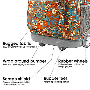 J World New York Sundance Rolling Backpack Girl Boy Roller Bookbag, Retro Bloom, 20 Inch