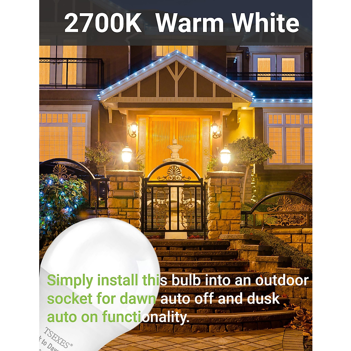 TSEXES 6 Pack Dusk to Dawn LED Light Bulbs,Automatic On/Off Sensor LED Light Bulb,2700K Warm White A19 Light Bulb for Wall lamp Porch Garage Light