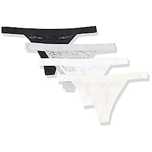 Amazon Essentials Women's Cotton and Lace Thong Underwear, Pack of 4, Black/Pink/Light Grey Marl, Medium